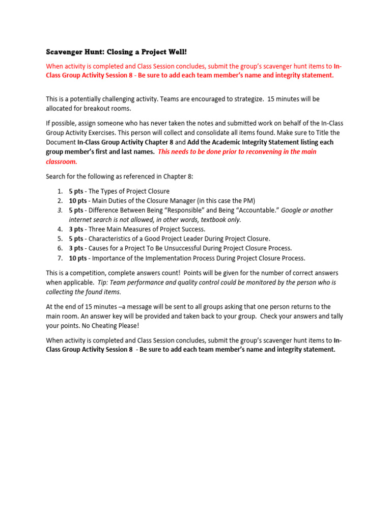 Scavenger Hunt for Project Closure Insights | PDF