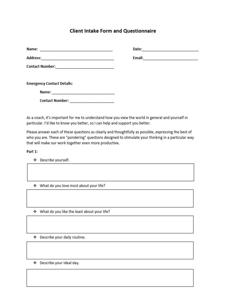 Sample-Coaching-Intake-and-Questionnaire | PDF | Behavioural Sciences ...