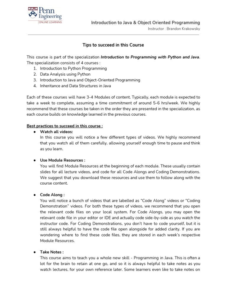 Tips to Succeed on this Course.docx | PDF | Object Oriented Programming | Computer Programming