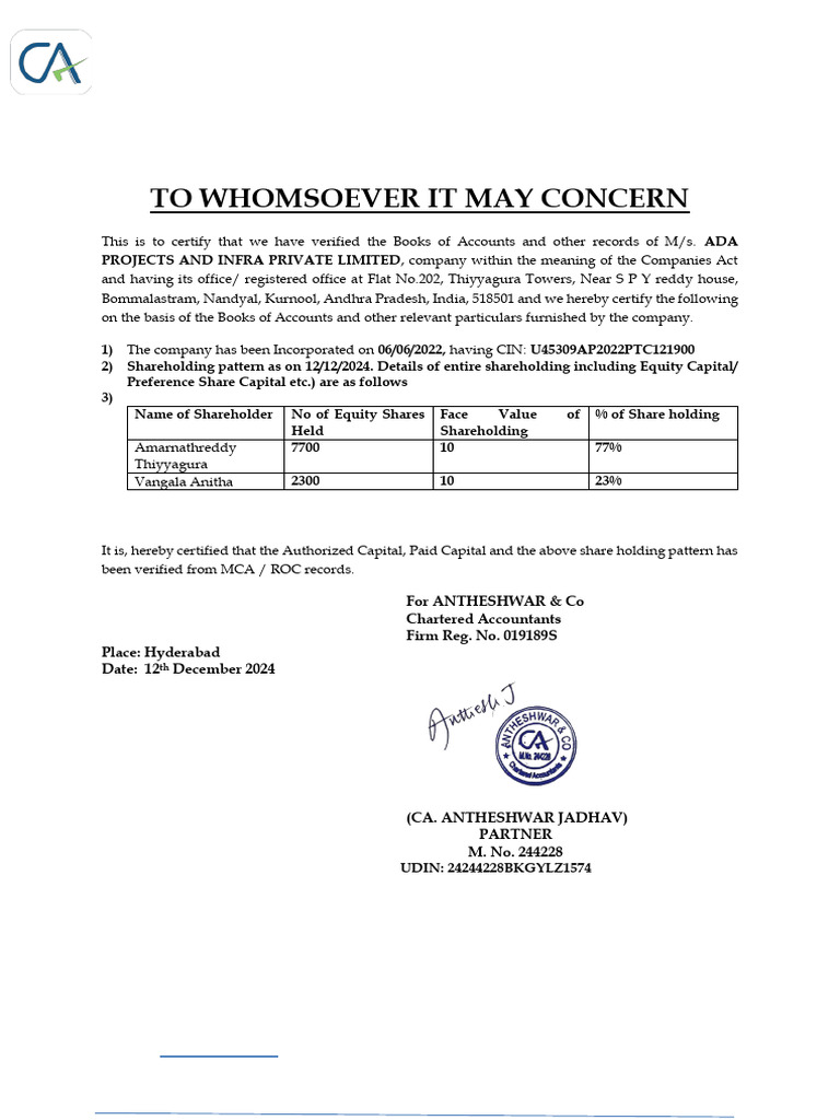 Ca Certificate-Breakup of Shareholding | PDF