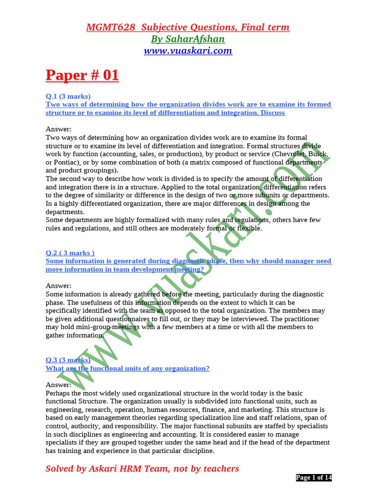 MGMT628 Final Term Subjective | PDF | Stress Management | Stress (Biology)