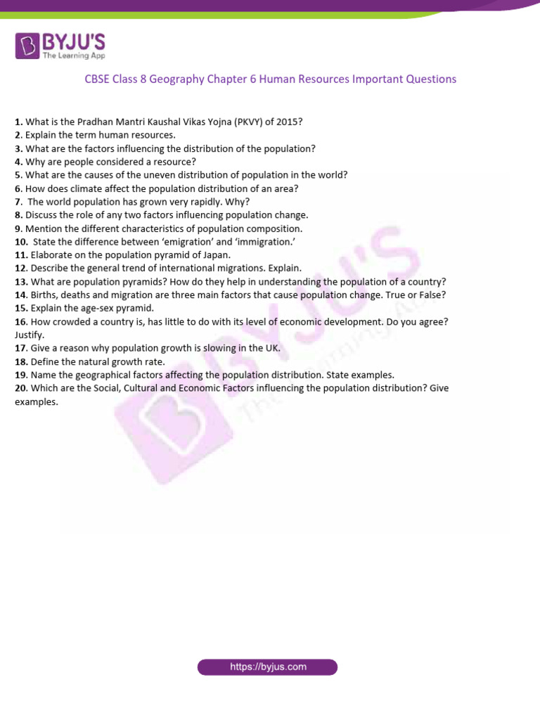 CBSE Class 8 Geography Chapter 6 Human Resources Important Questions | PDF