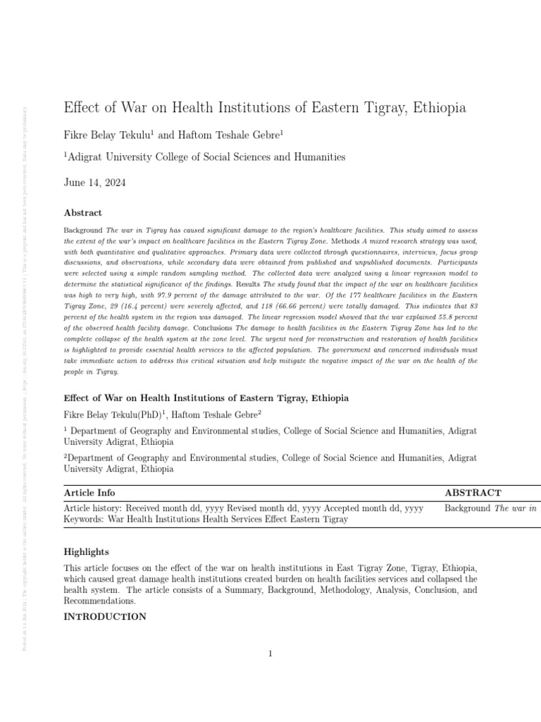 Effect of War on Health Institutions of Eastern Tigray, Ethiopia | PDF ...