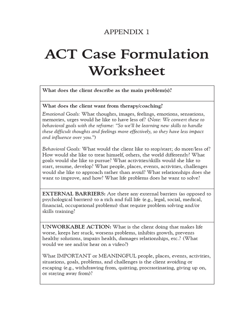 Act Case Formulation Worsheet | PDF | Feeling | Thought