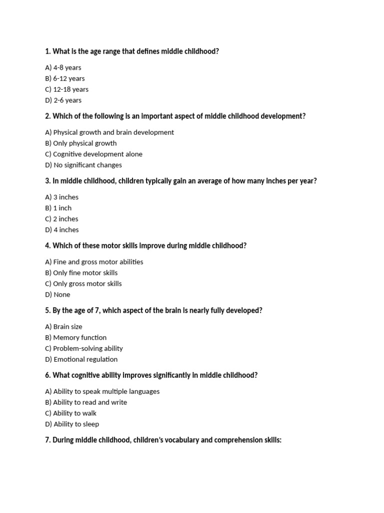 Middle Childhood - Answer Key | PDF | Emotions | Learning
