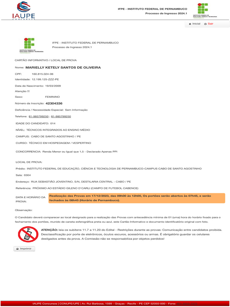 Cartão Informativo IFPE 2024.1 Prova | PDF