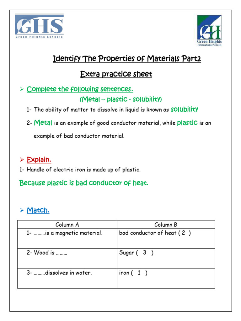 26-9 Identify Properties of Materials Part 1 Extra Worksheet Model ...