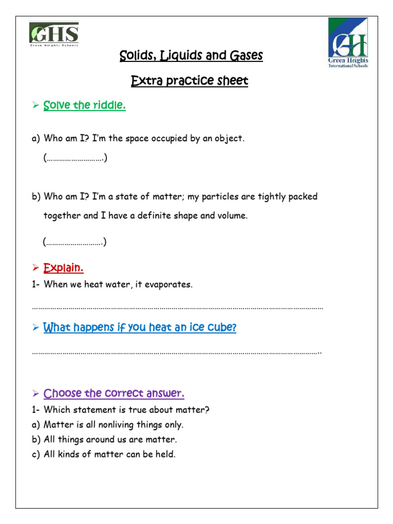 States of Matter Practice Worksheet | PDF