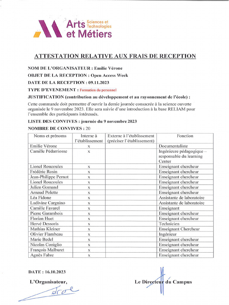 Attestation Frais Reception | PDF
