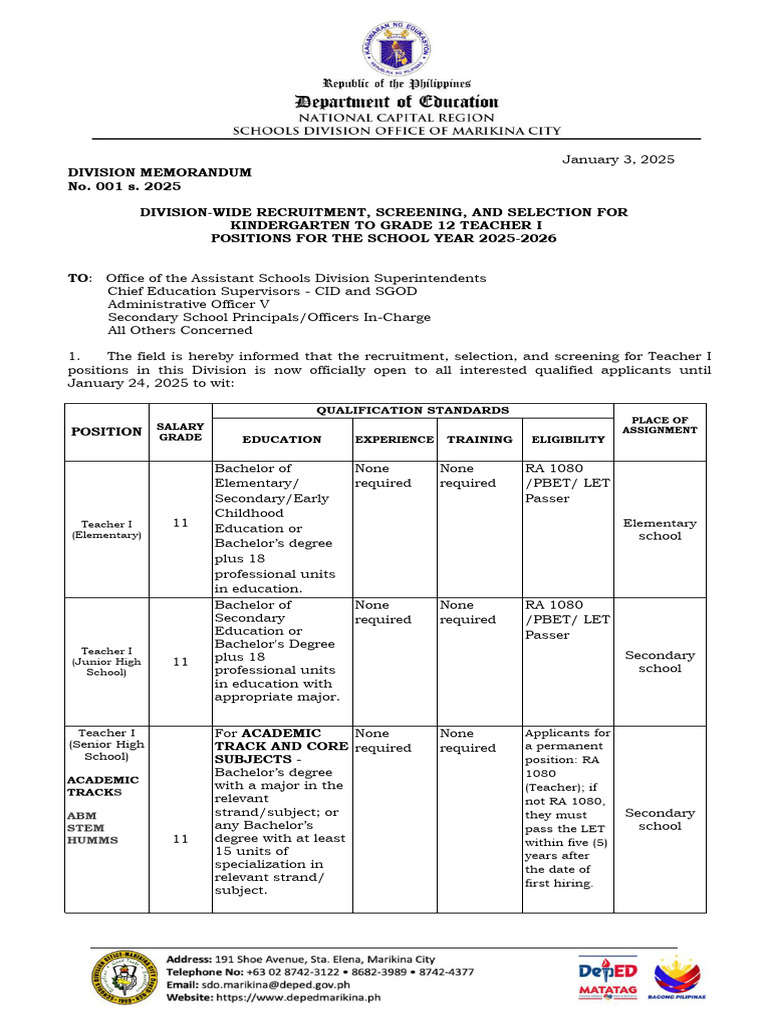 Teacher I Recruitment for SY 2025-2026 | PDF | Teachers