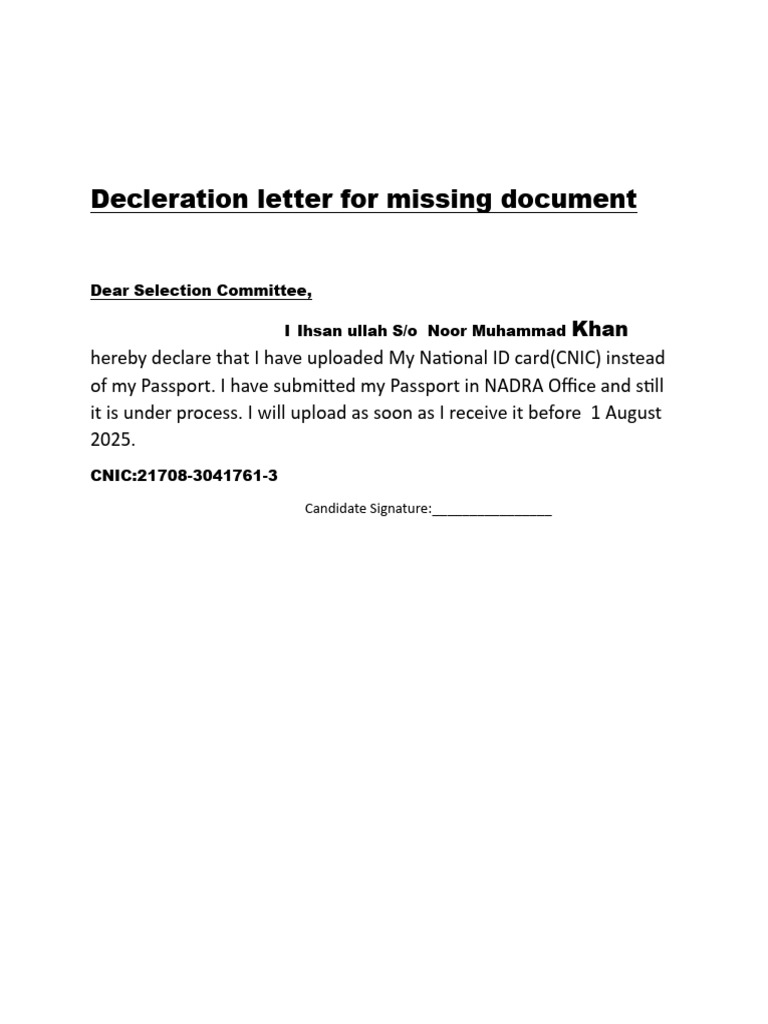 Decleration Letter For Missing Document | PDF