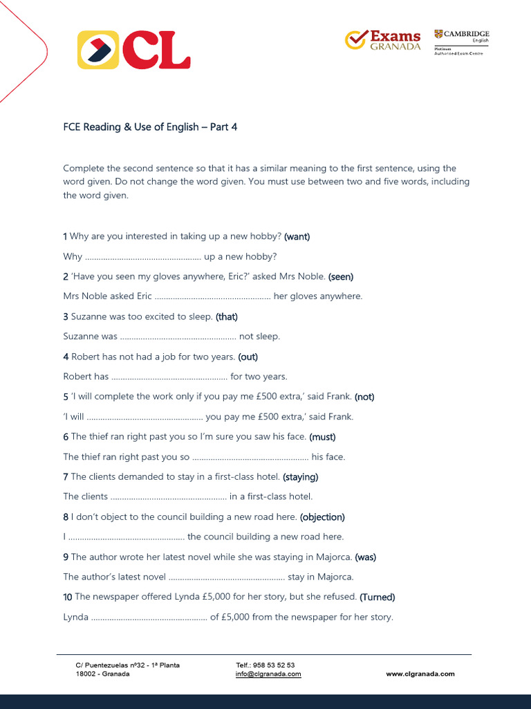 B2 First Reading & Uoe Part 4 - Sentence Transformation 2 | PDF