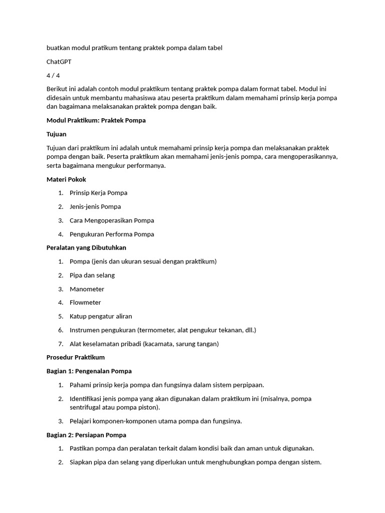 Buatkan Modul Pratikum Tentang Praktek Pompa Dalam Tabel | PDF
