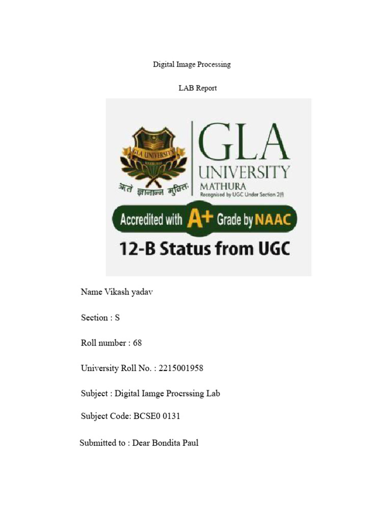 MATLAB Digital Image Processing Lab Report | PDF | Matrix (Mathematics ...