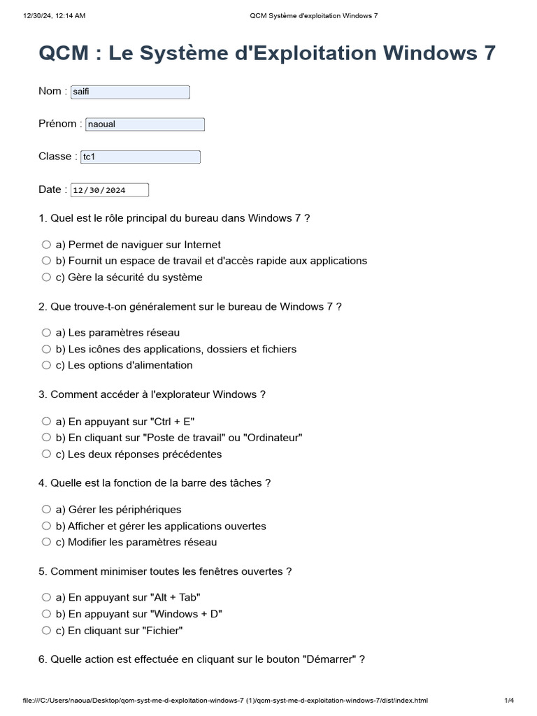 QCM Windows 7 : Test de Connaissances | PDF | Contrôle (touche ...