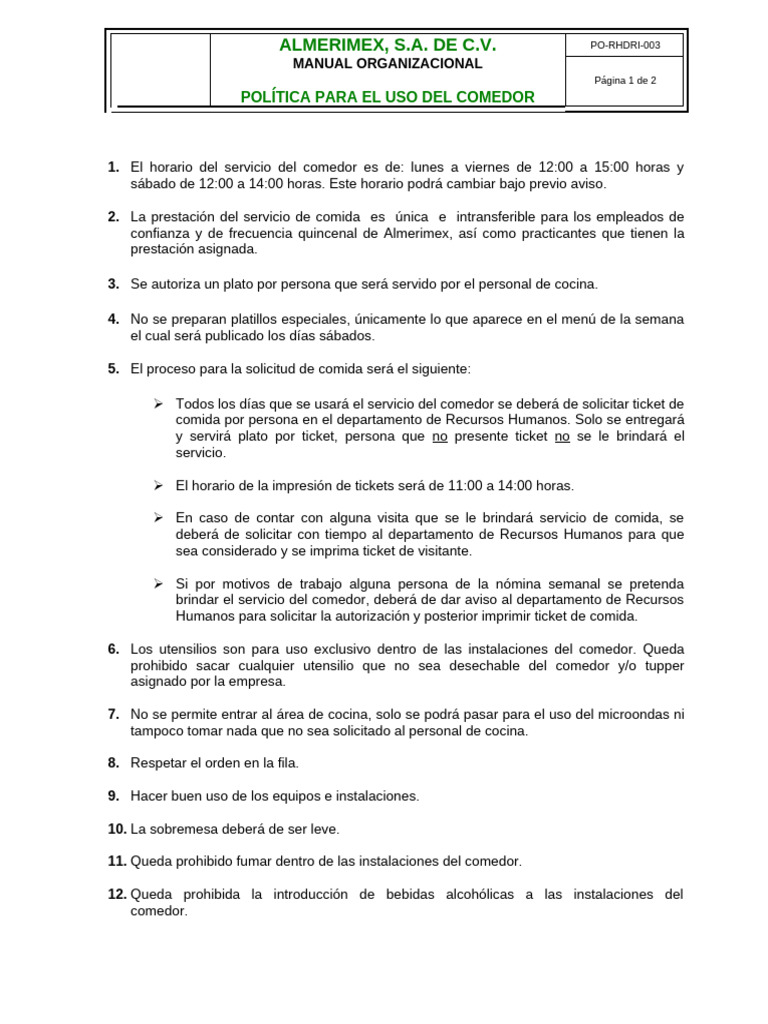 Política de Uso del Comedor | PDF