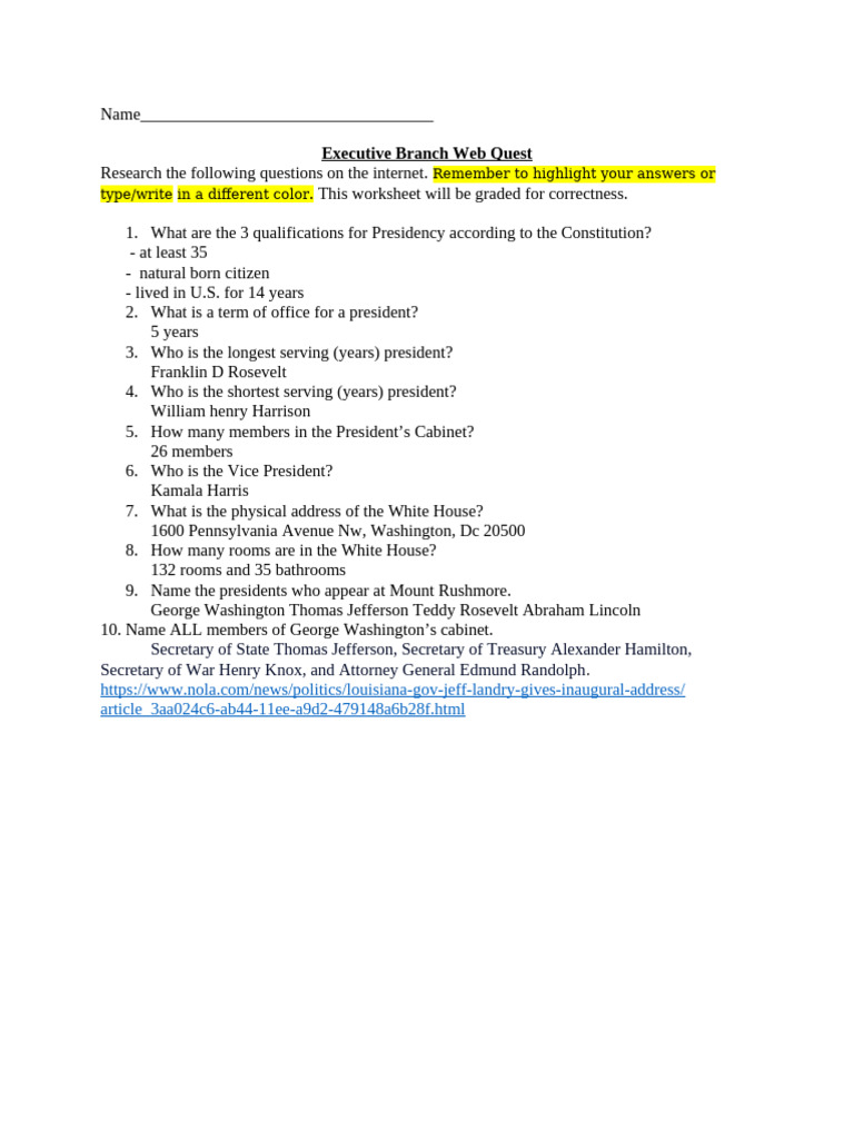 Executive Branch - Webquest | PDF