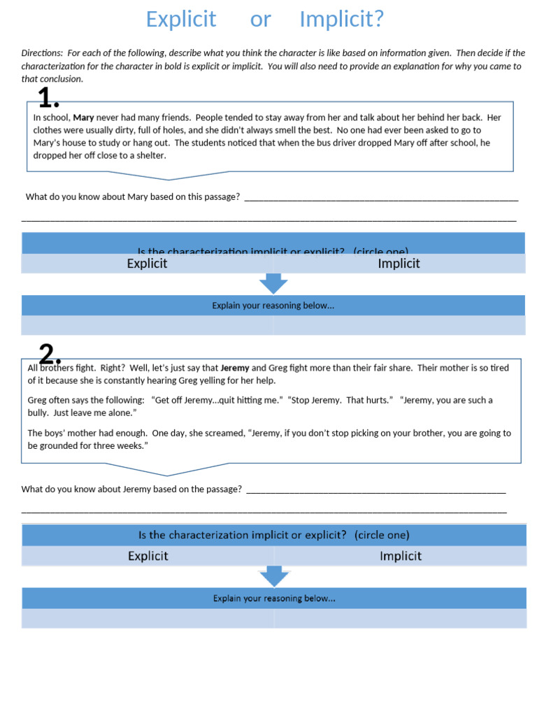 Character Analysis: Implicit vs. Explicit | PDF