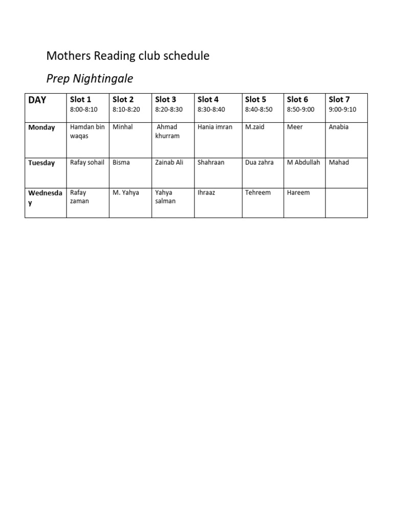 Reading Club Schedule PYP Prep Nightingale | PDF