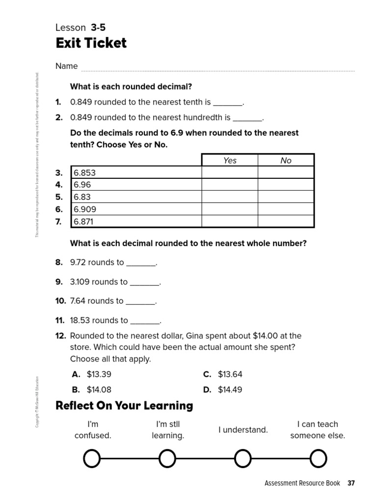 5-03-05 Printable Exit Ticket - Use Place Value To Round Decimals | PDF