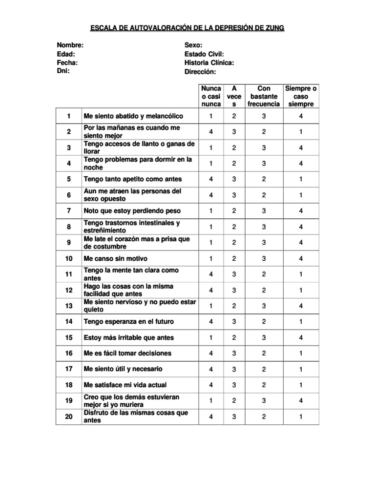 Escala Zung: Depresión y Ansiedad | PDF