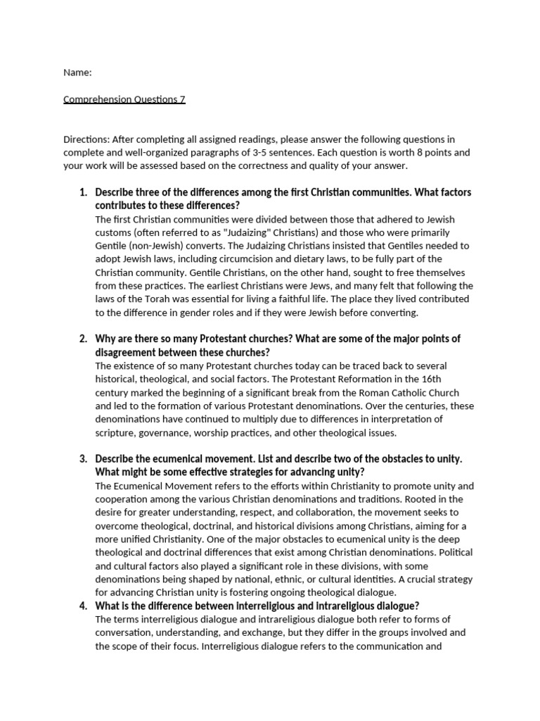 Comprehension Questions 7 Theology | PDF | Interfaith Dialogue | Ecumenism