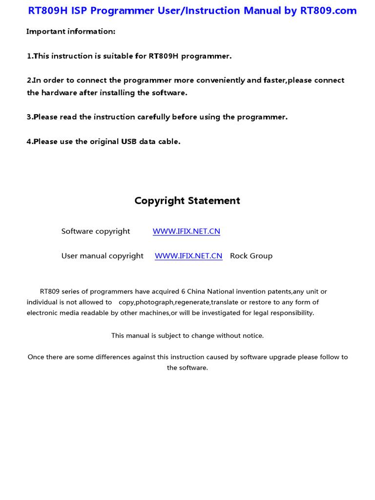 RT809H Programmer User-Instruction Manual | PDF | Flash Memory | Usb