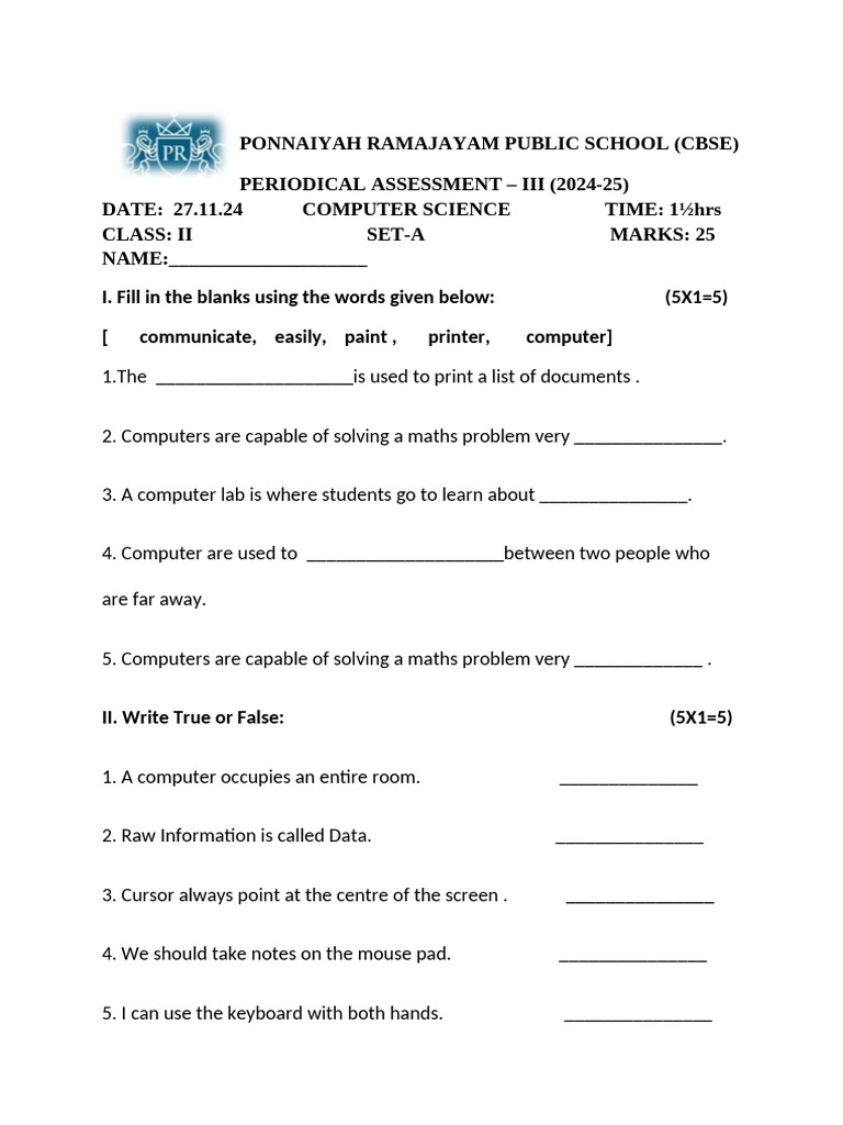 Class 2 Pa3 Nov Set A Cs | PDF