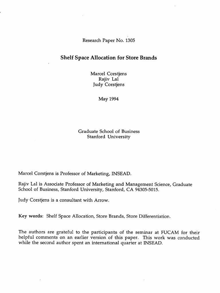 1994 Shelf Space Allocation For Stre Brands Pdf