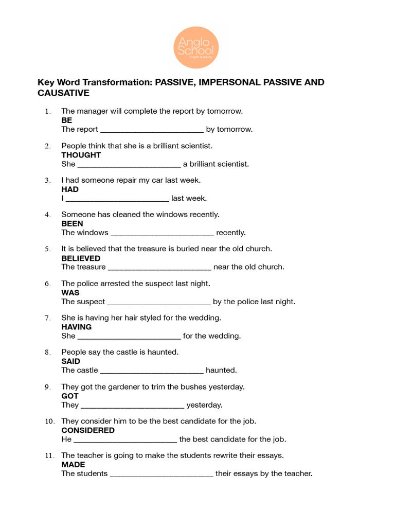 PASSIVE, CAUSATIVE AND IMPERSONAL KEY TRANSFORMATION | PDF