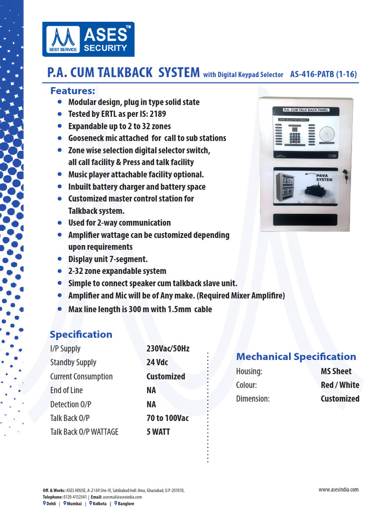 AS-416 Talkback System Specifications | PDF