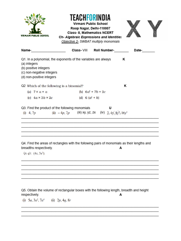 Class 8 Algebraic Expressions Worksheet | PDF | Area | Mathematical ...