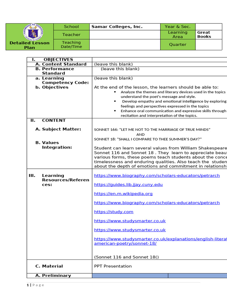 LESSON PLAN 4S FORMAT 2 of Anamie | PDF | Sonnets | Poetry