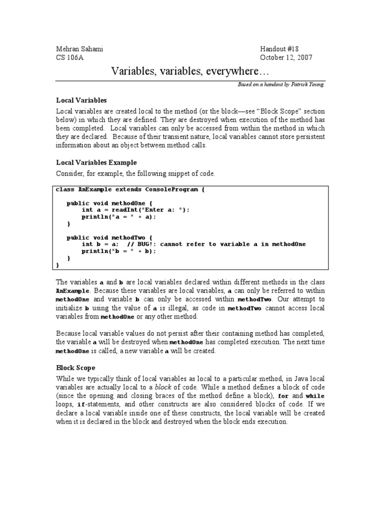 Variables, Variables, Everywhere : Based On A Handout by Patrick Young | PDF | Class (Computer ...