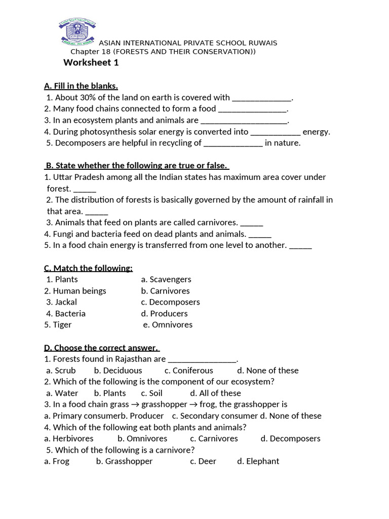 Forest Conservation Worksheet for Students | PDF | Foods | Ecosystem