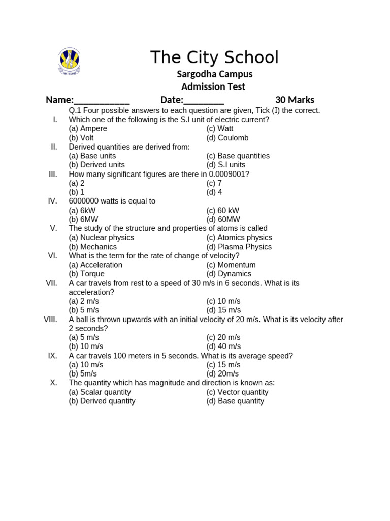 City School Sargodha Physics Test Paper | PDF | Velocity | Acceleration