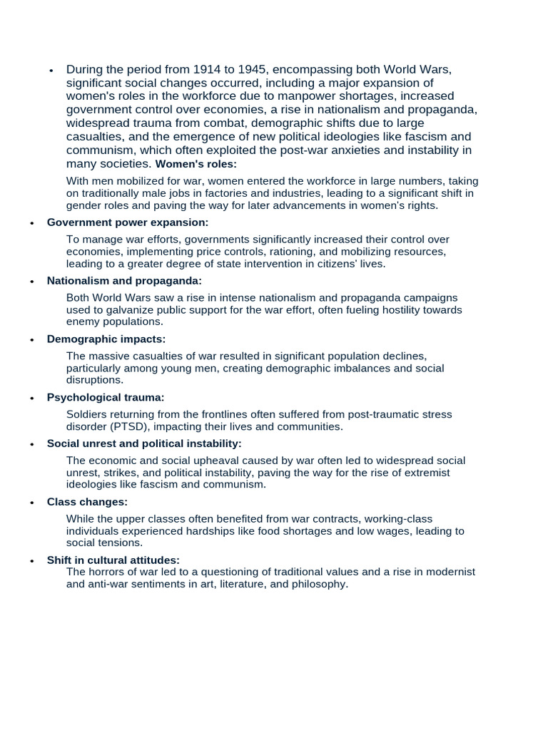 Social Changes from 1914 to 1945 | PDF