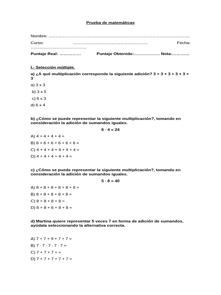 Prueba de matemáticas multiplicacion | PDF