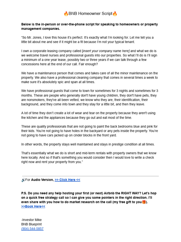 Corporate Leasing Homeowner Script | PDF | Housing