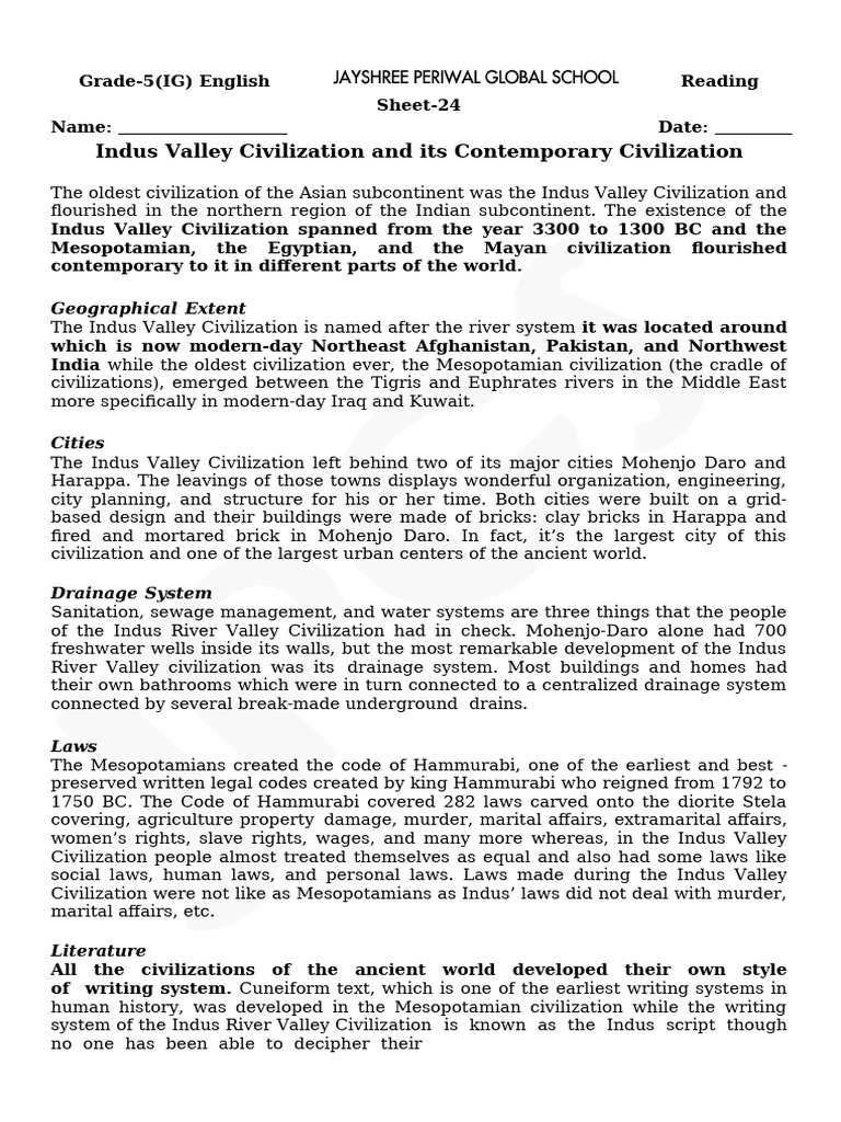 Reading Sheet-24 (Indus Valley Cvilisation & Maya - 250107 - 162415 ...