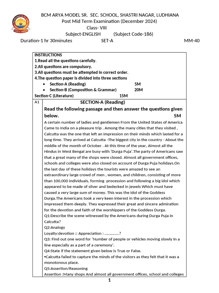 Class VIII English Exam Paper December 2024 | PDF