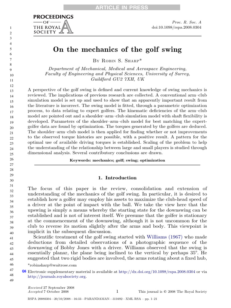 Sharp 2008 Mechanics of golf | PDF | Force | Rotation