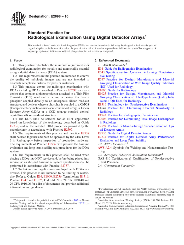 ASTM E 2698 - 10 RT - Digital | PDF | Radiography | Nondestructive Testing