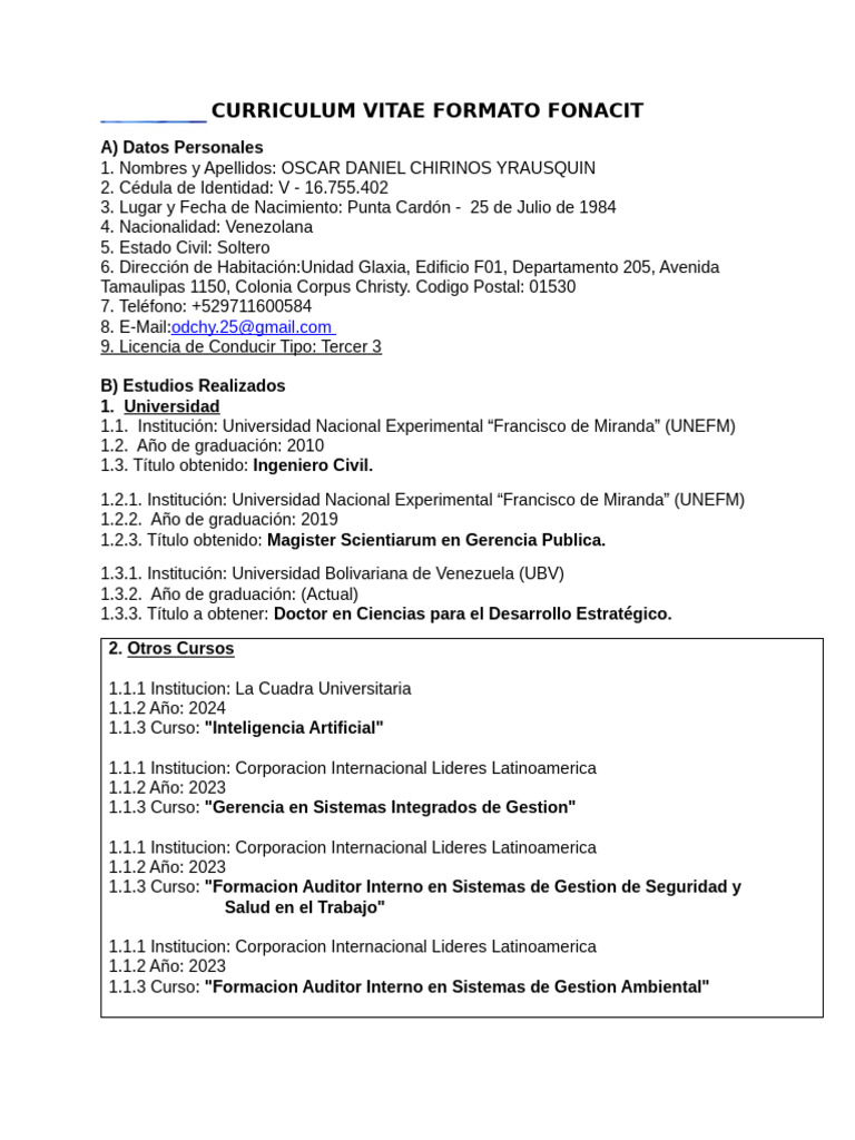 Curriculum Vitae Formato Fonacit Oscar Chirinos | PDF | Business | Science