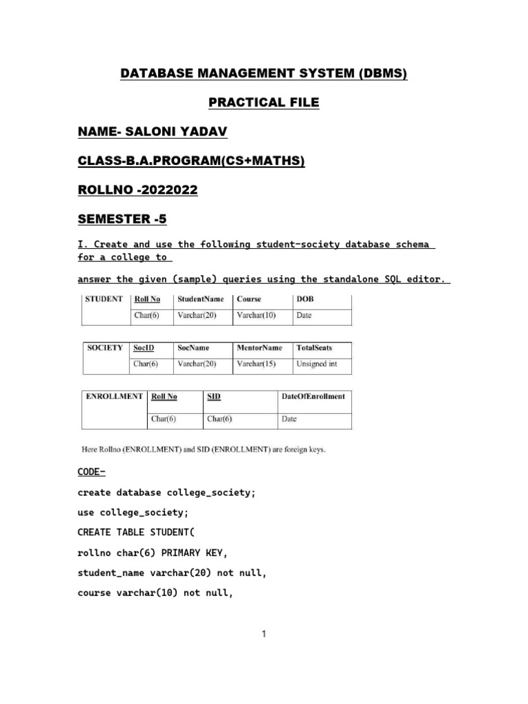 Dbms 2022022 Saloni Yadav Practical File-compressed | PDF | Databases | Information Retrieval