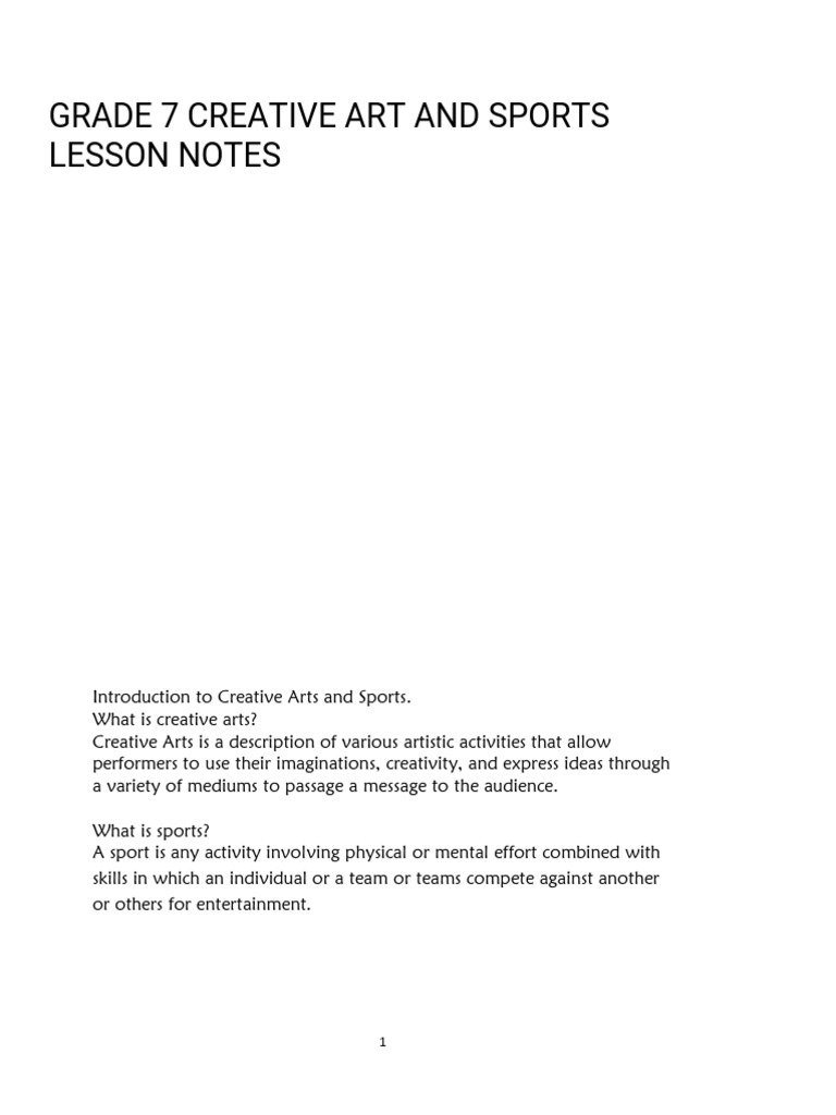 Grade 7 Creative Art and Sports Lesson Notes 0726937493 | PDF | The ...