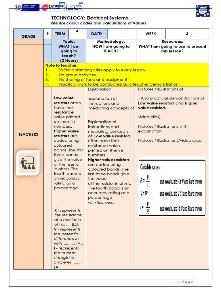Lesson Plan GR 9 Technology T4 W 3 | PDF | Resistor | Electrical Network