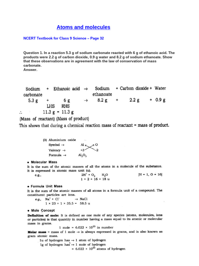 Class 9 Atoms and Molecules | PDF | Mole (Unit) | Carbonate