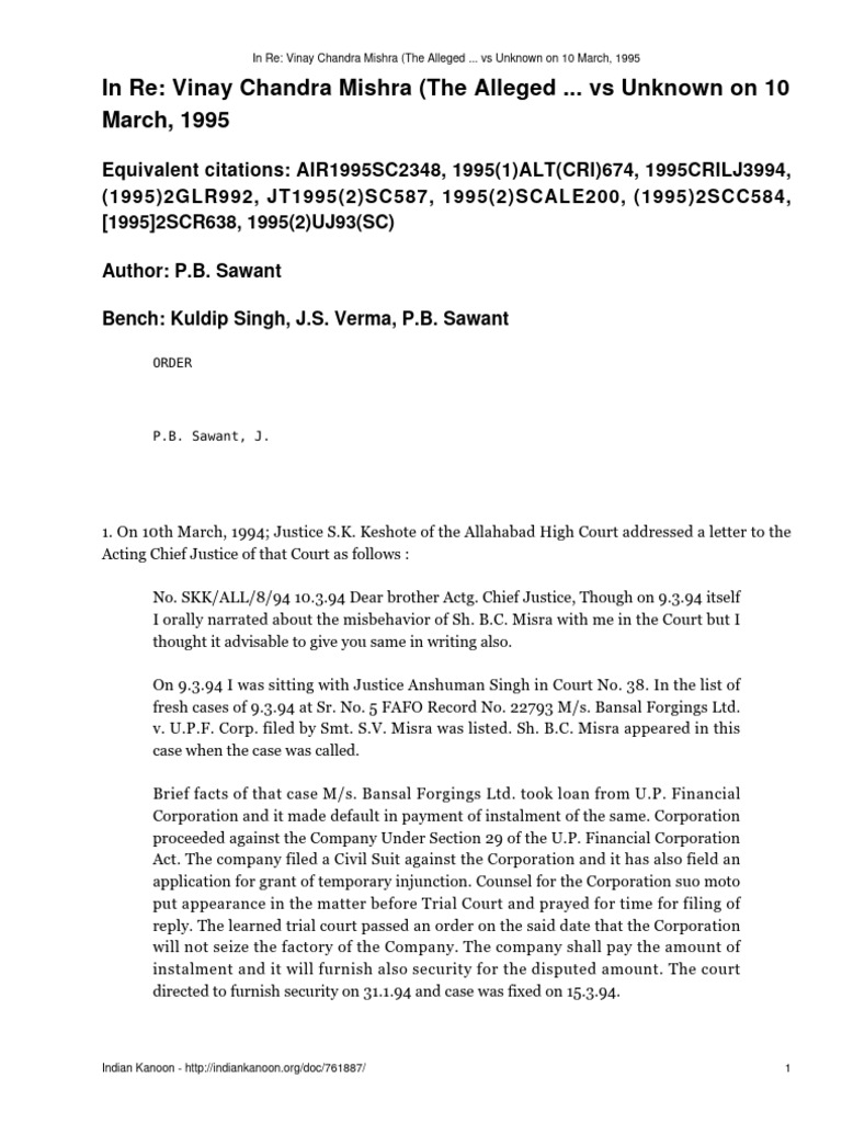 In Re Vinay Chandra Mishra The Alleged Vs Unknown On 10 March 1995 ...