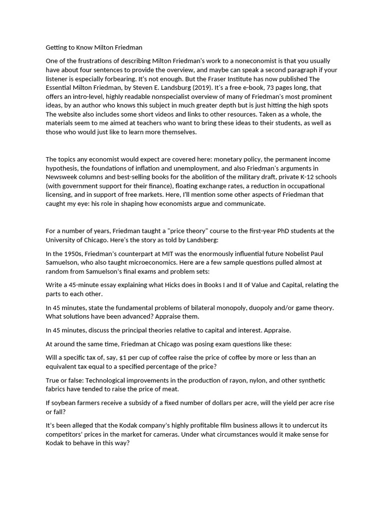 Overview of Milton Friedman's Ideas | PDF | Milton Friedman | Prices